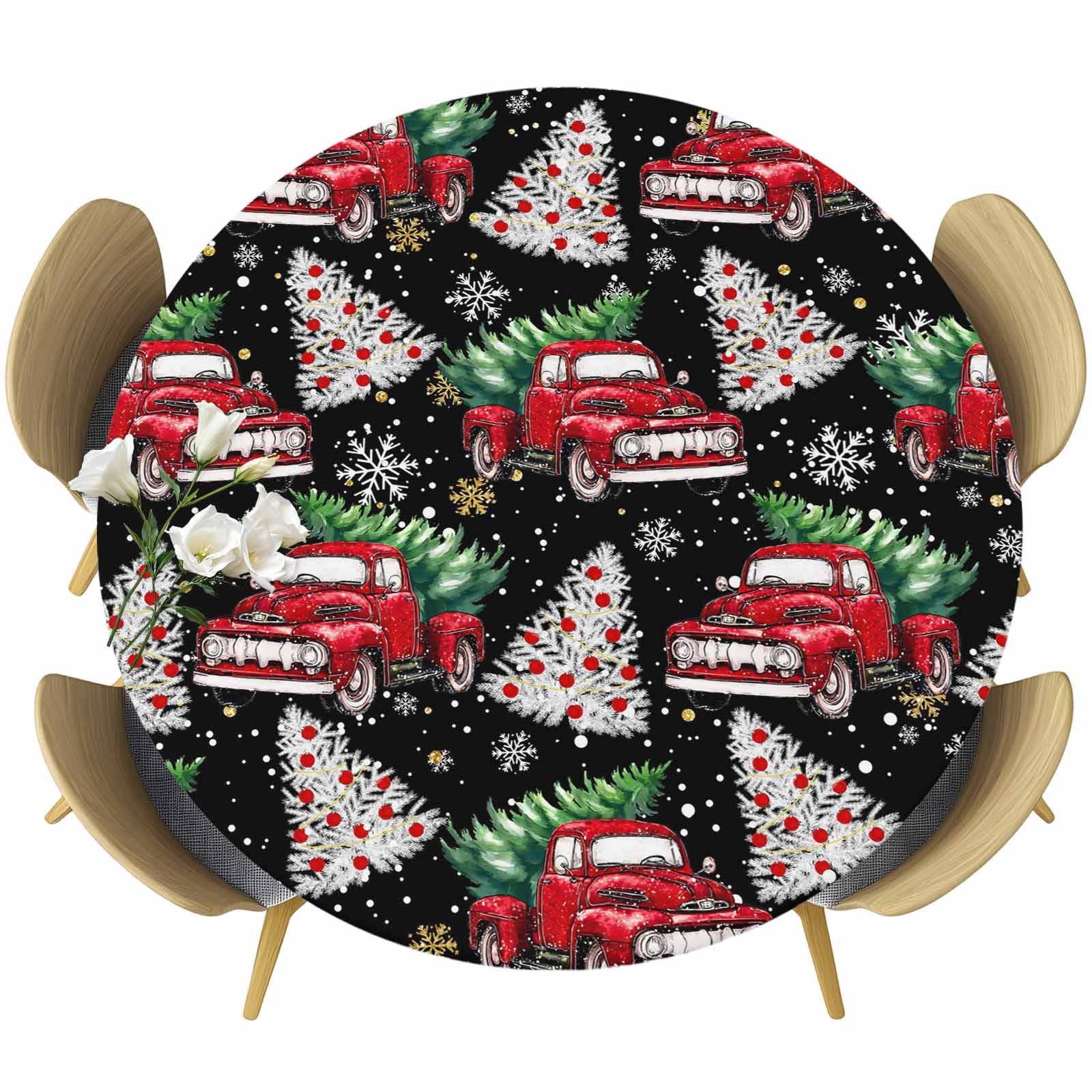 Black Red Truck Christmas Round Tablecloth, Fitted Table Cover with ...