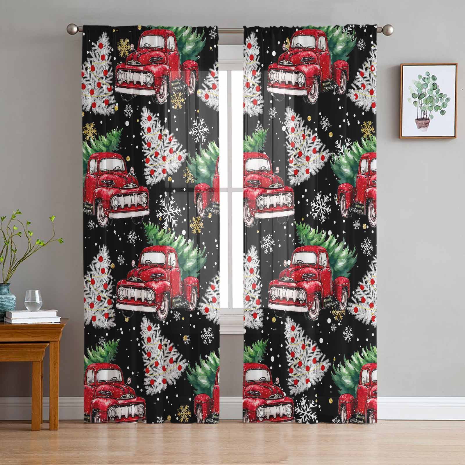 Black Red Truck Christmas Sheer Curtains 72 Inches Long, Xmas Tree ...