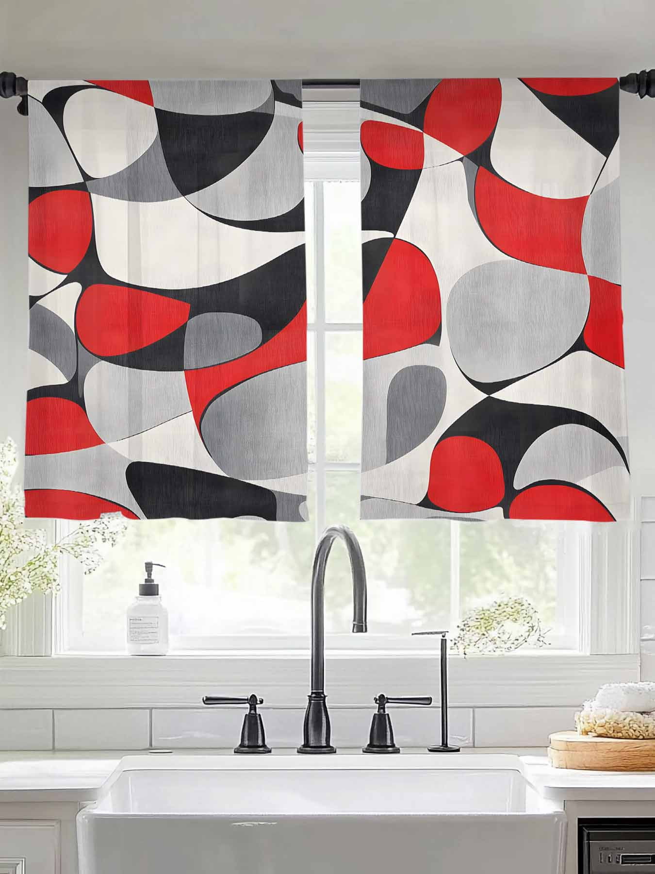 Black Red Visual Arts Sheer Curtains 45 Inches Long 2 Panels Modern Art ...