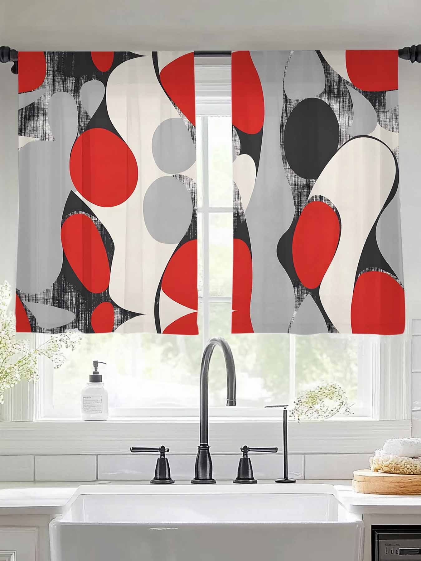 Black Red Visual Arts Sheer Curtains 54 Inches Long 2 Panels Abstract ...
