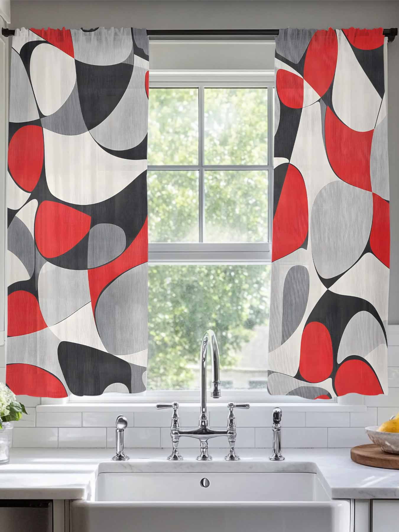 Black Red Visual Arts Sheer Curtains 72 Inches Long 2 Panels Modern Art ...