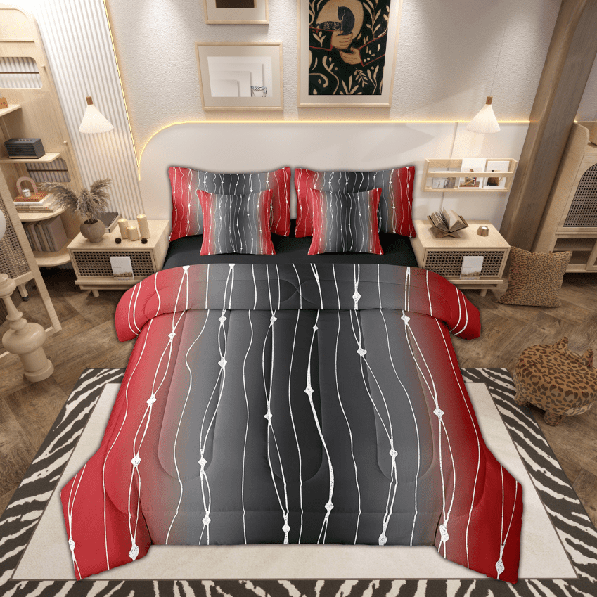 Black and Red Watercolor Bedding Full Size 7pcs Wave Stripe and Dots ...