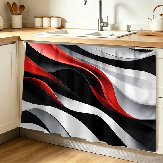 Black Red White Cabinet Curtain 28"W x 51"L, Abstract Art Waves ...
