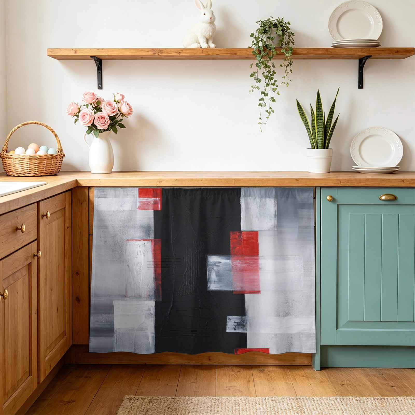 Black Red White Geometric Cabinet Curtains 10" W x 11" L Distressed ...