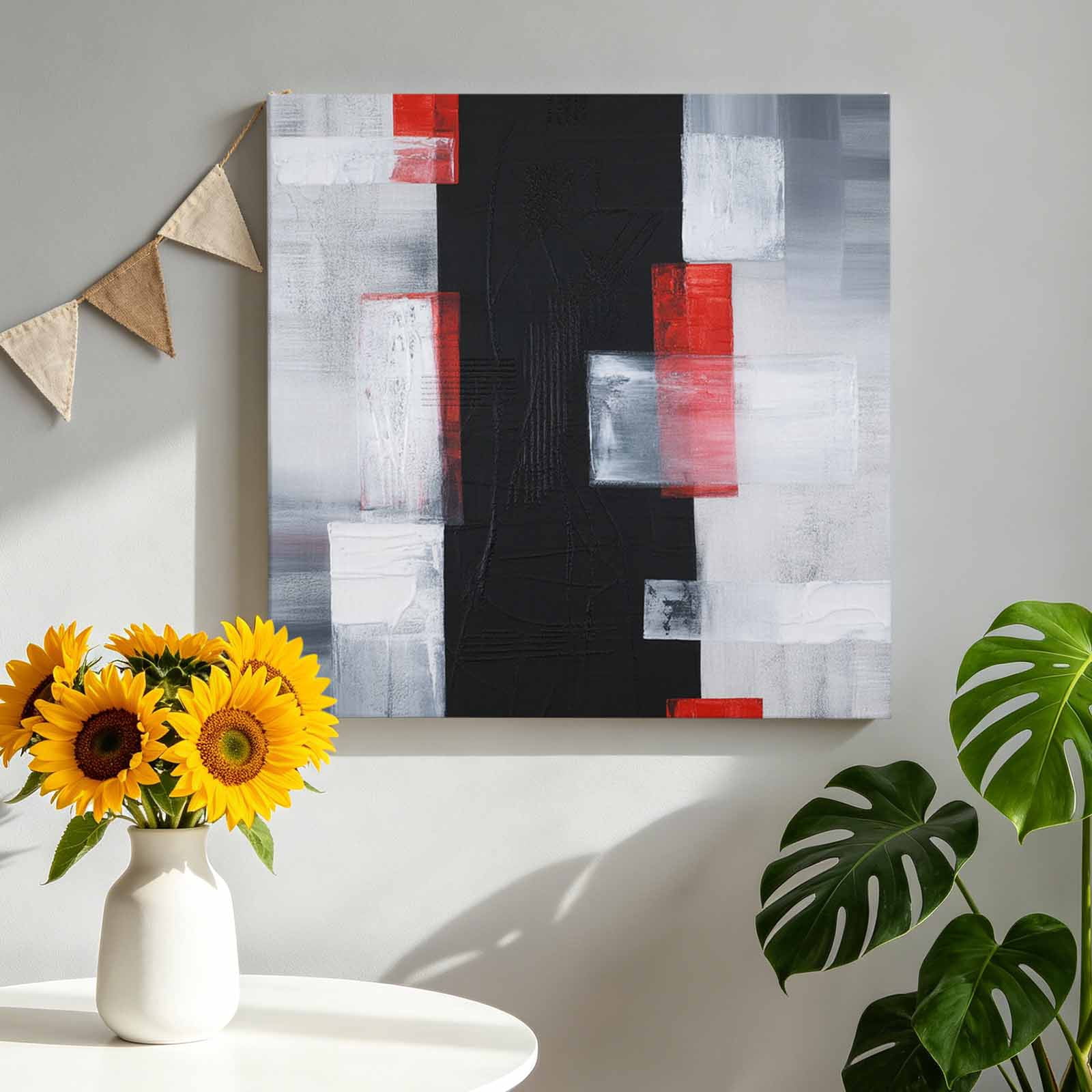 Black Red White Geometric Canvas Wall Art for Living Room, Distressed ...