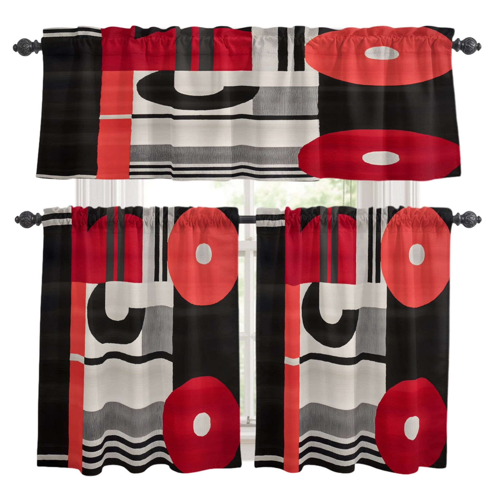 Black Red White Geometric Kitchen Curtains Valance and Tier Set Round ...