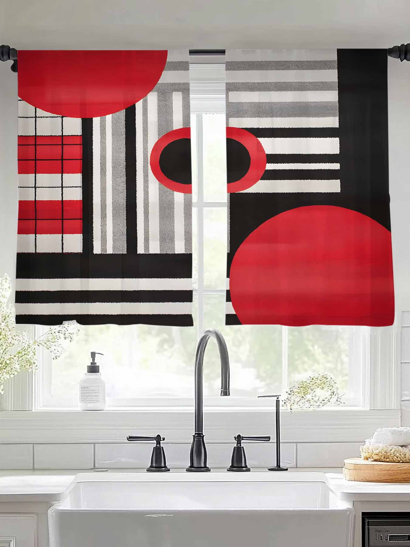 Black Red White Geometric Sheer Curtains 45 Inches Long 2 Panels Round ...