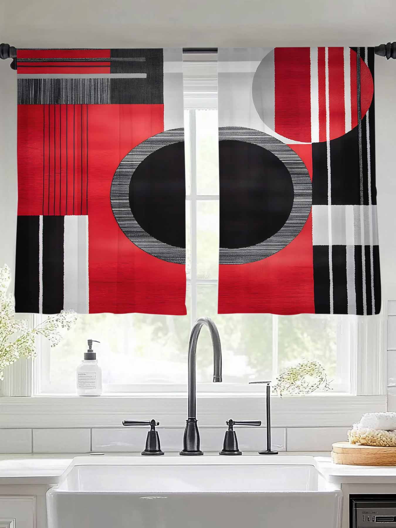 Black Red White Geometric Sheer Curtains 54 Inches Long 2 Panels Lines ...