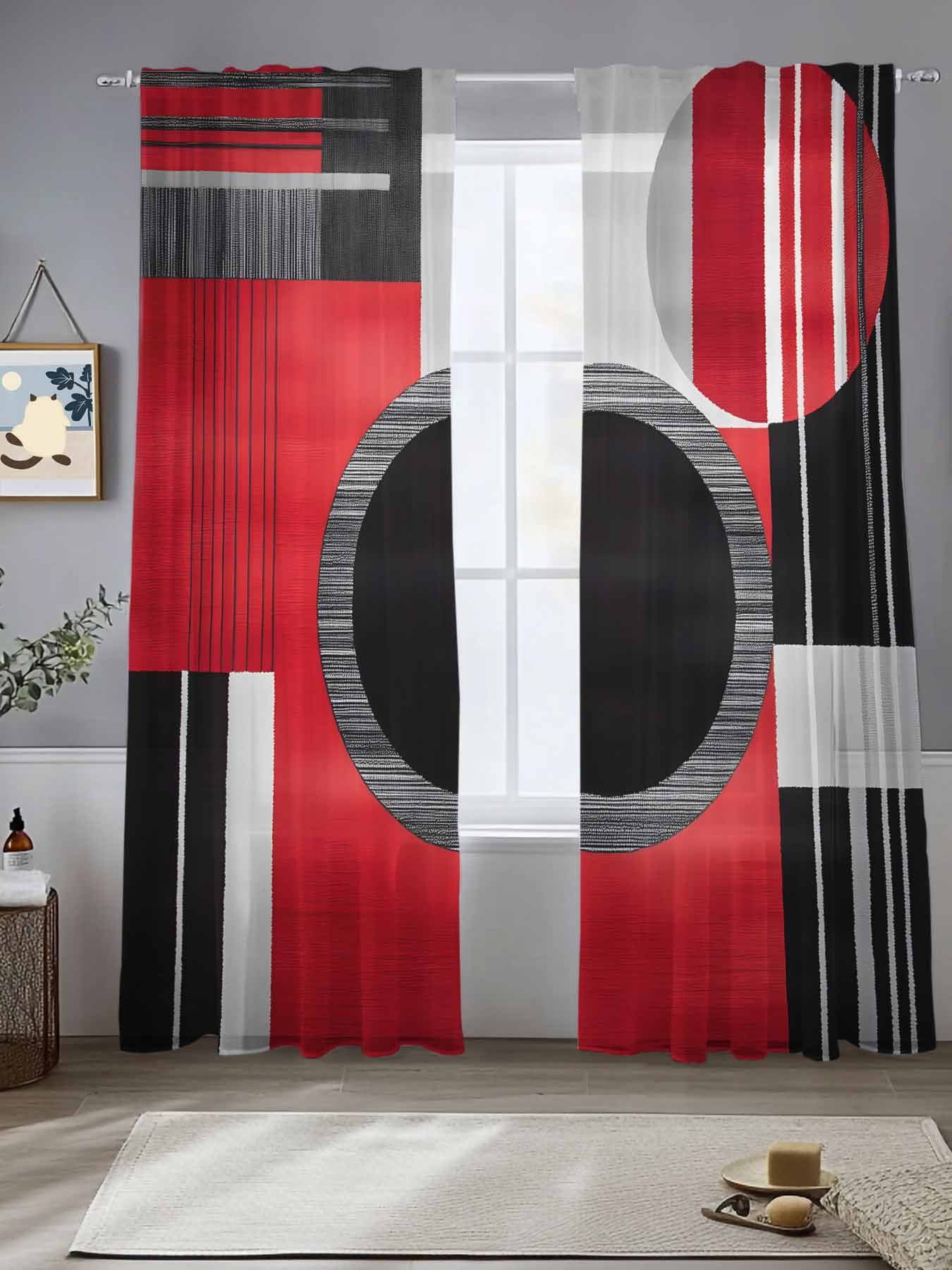 Black Red White Geometric Sheer Curtains 96 Inches Long 2 Panels Lines ...