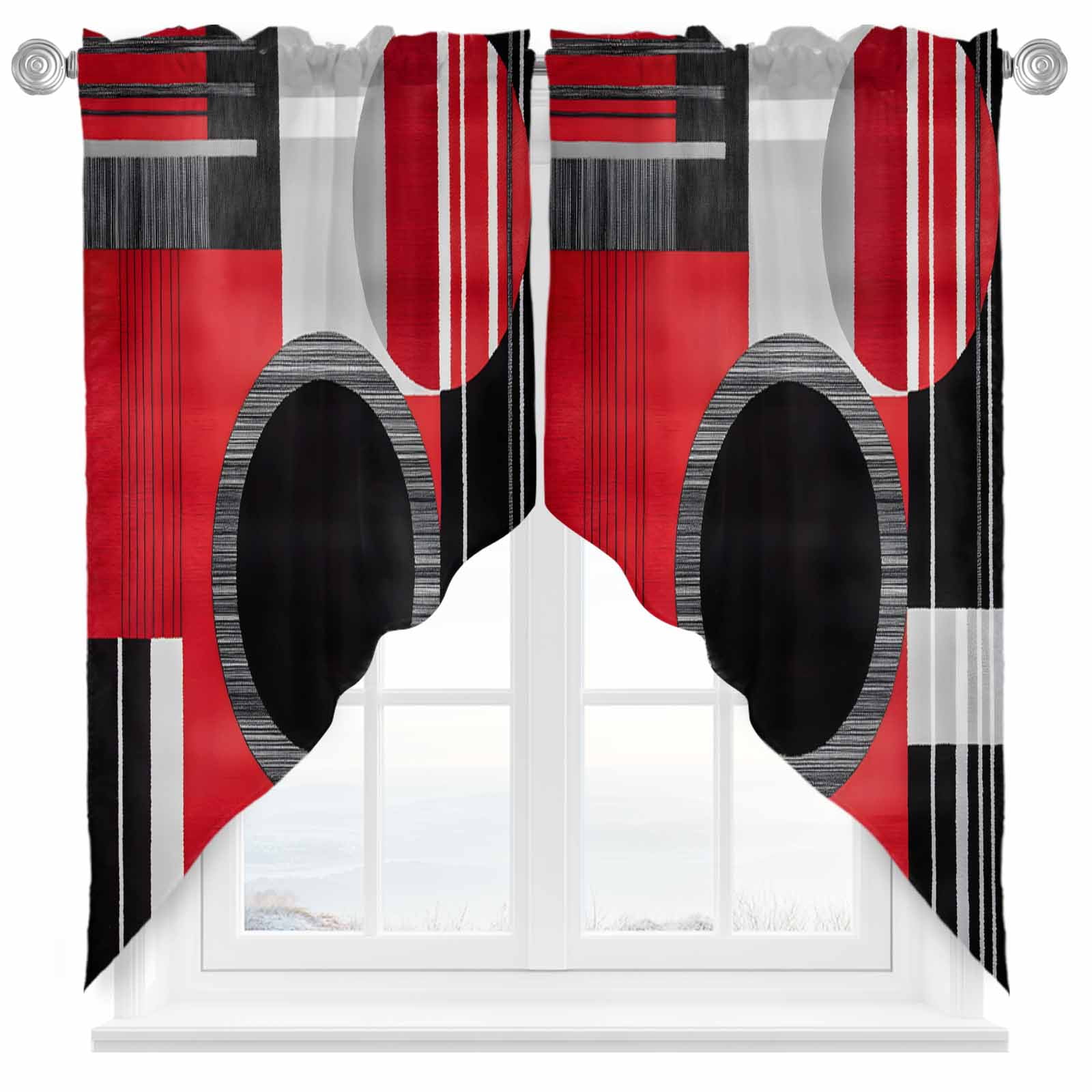 Black Red White Geometric Swag Curtain Valance for Windows, Lines Round ...