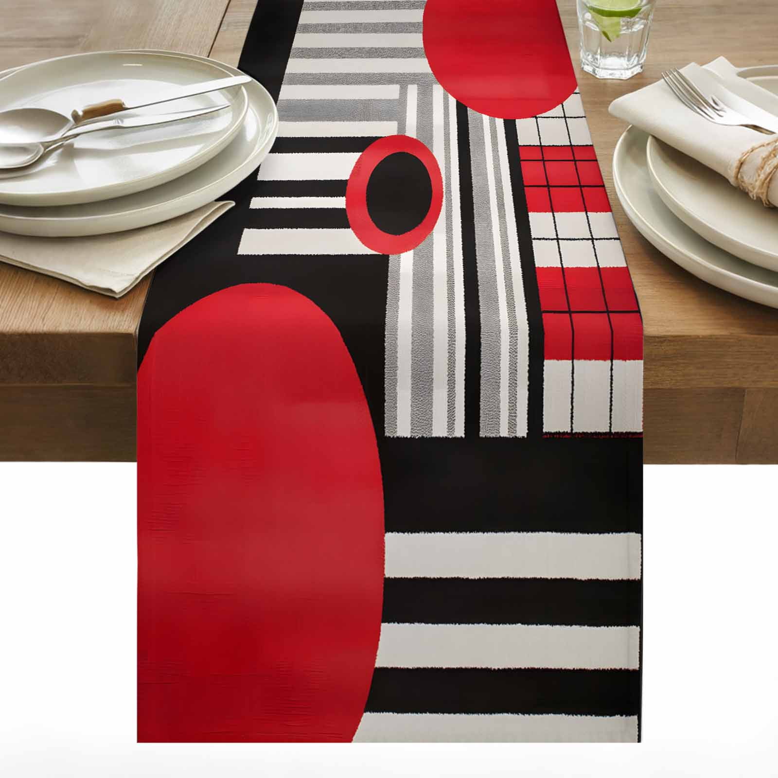Black Red White Geometric Table Runner 13x90 inch Round Lines Cotton ...