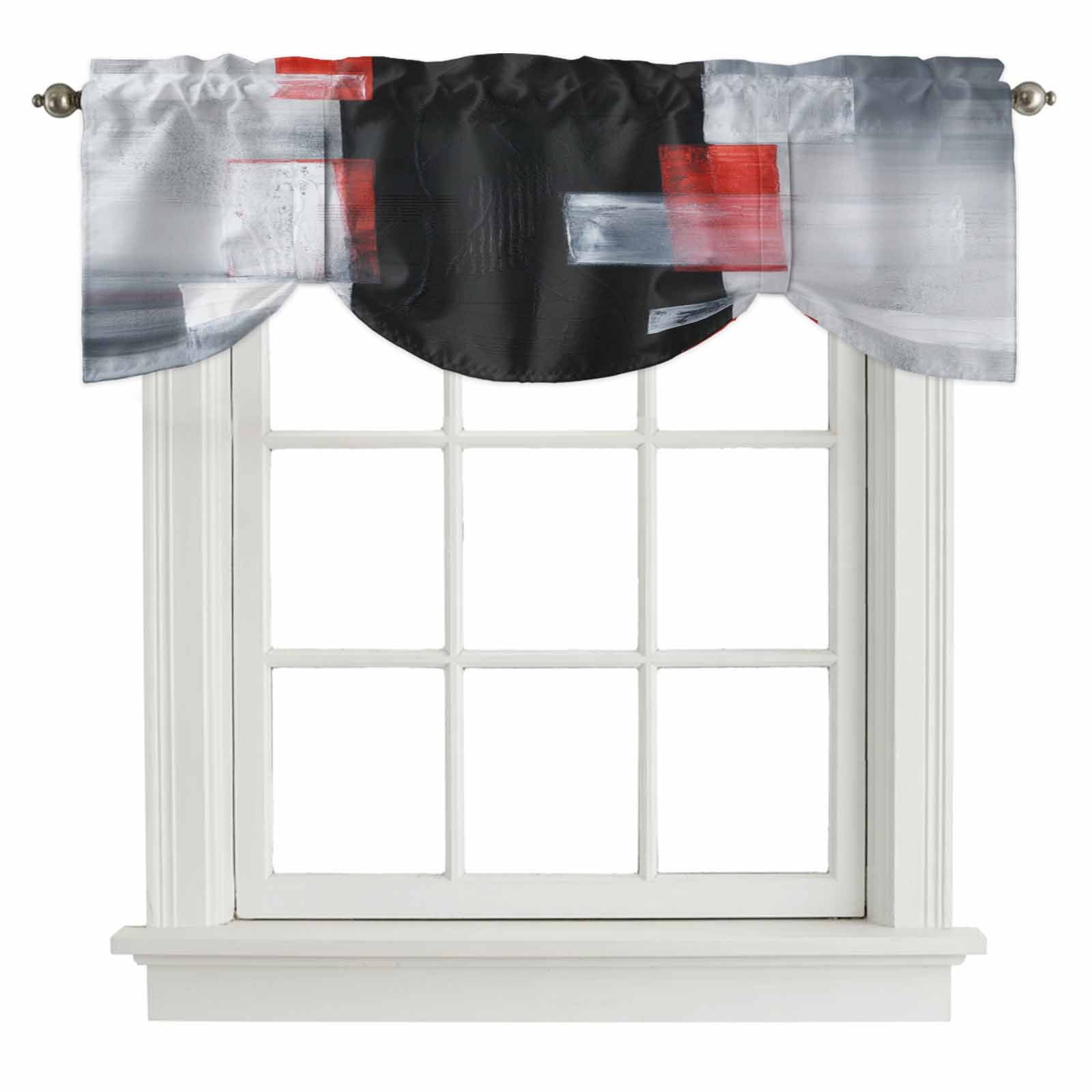 Black Red White Geometric Tie Up Valance Curtains Distressed Modern ...