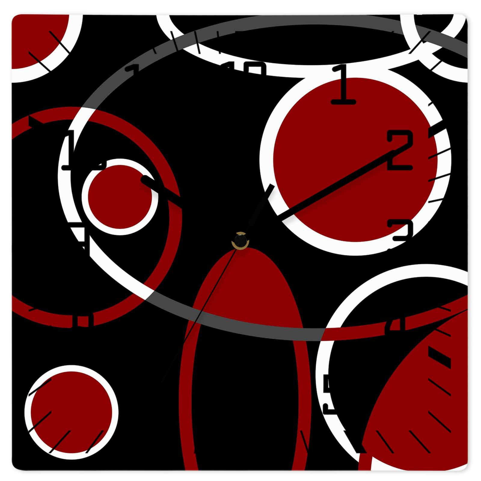 Black Red Wooden Wall Clock Silent Non Ticking, White Circle Geometric ...