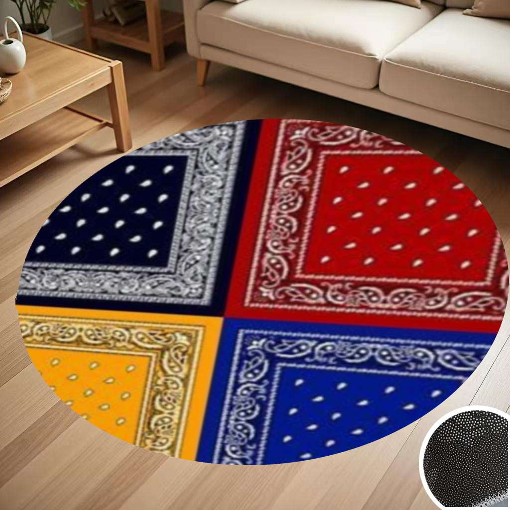 Black Red Yellow Blue Paisley Bandana Round Carpet Living Room Bedroom ...