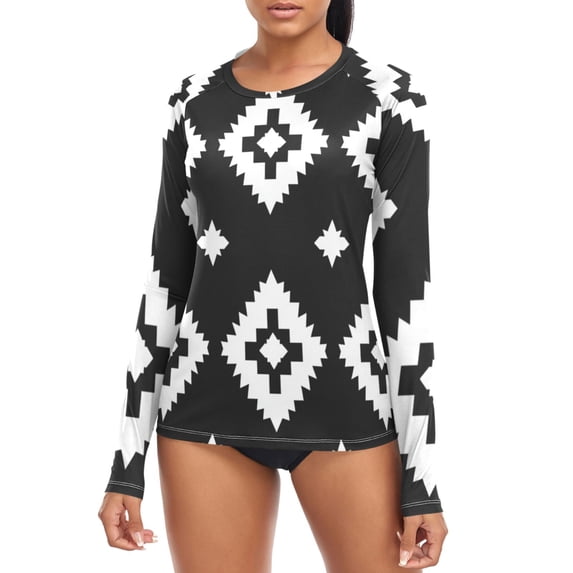 Black Regular Squares Women's Rash Guard Shirts UPF 50+ Sun Protection ...