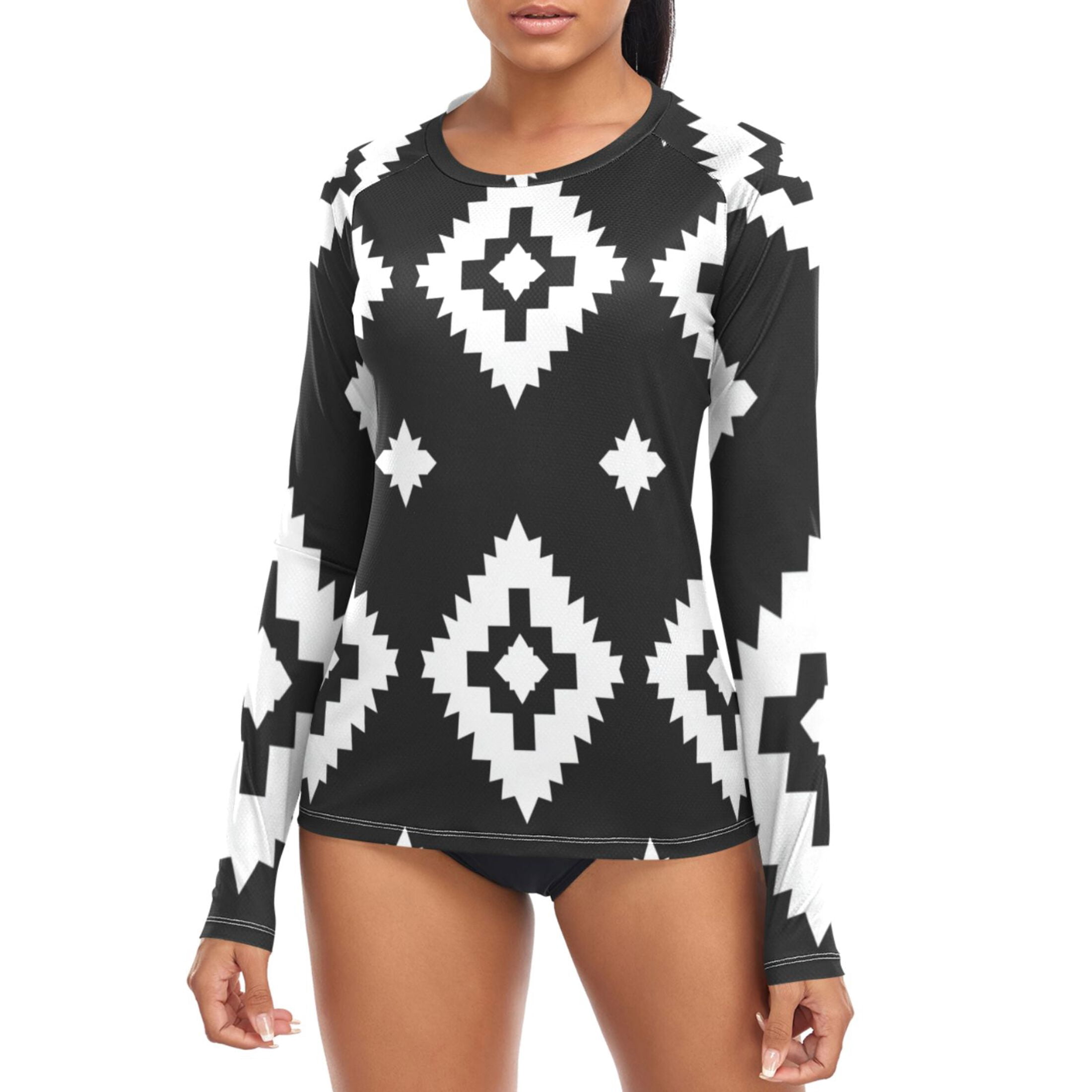 Black Regular Squares Women's Rash Guard Shirts UPF 50+ Sun Protection ...