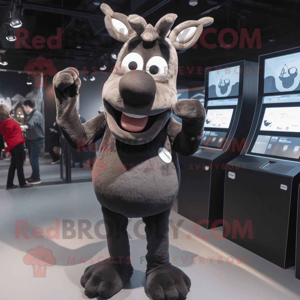 Black Reindeer REDBROKOLY mascot costume character dressed with a ...
