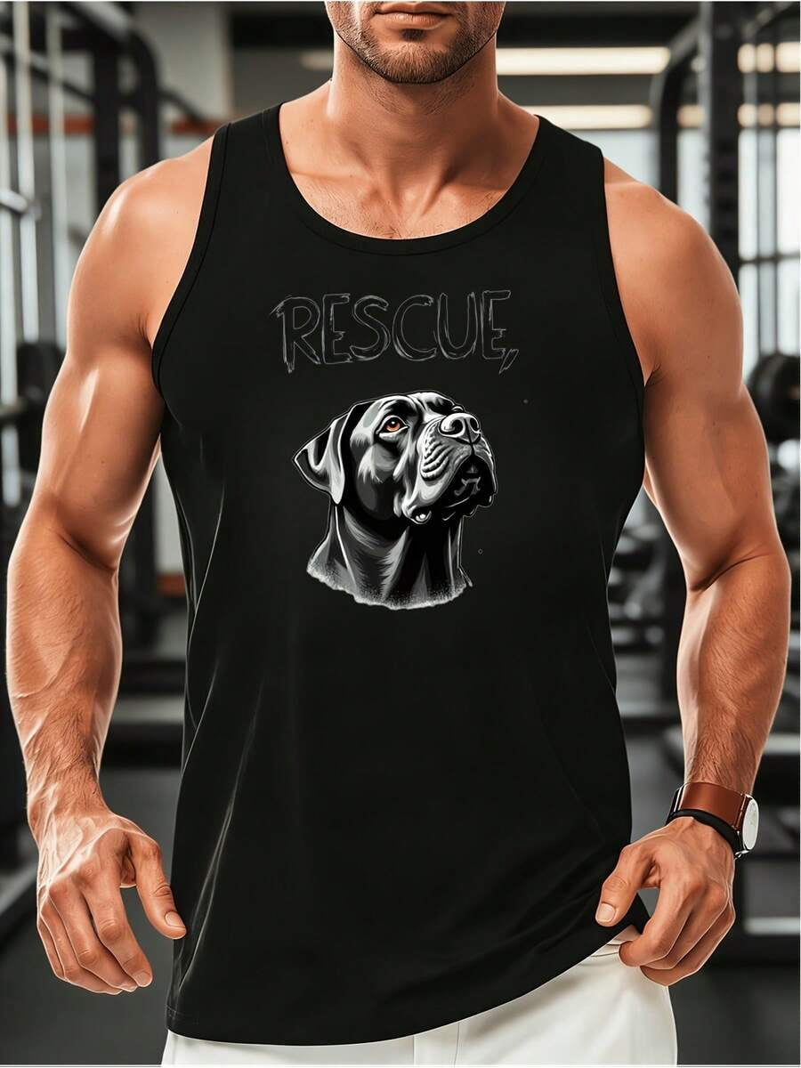 Black Rescue Dog Graphic Tank Top For Men – Loose Fit Athletic Vest ...