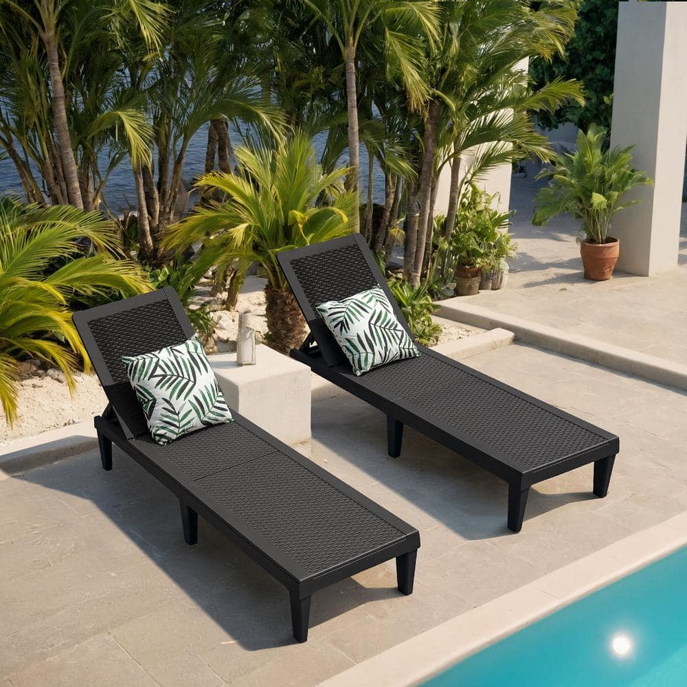 Black Resin Outdoor Chaise Lounge Set of 2 Waterproof Plastic Quick ...