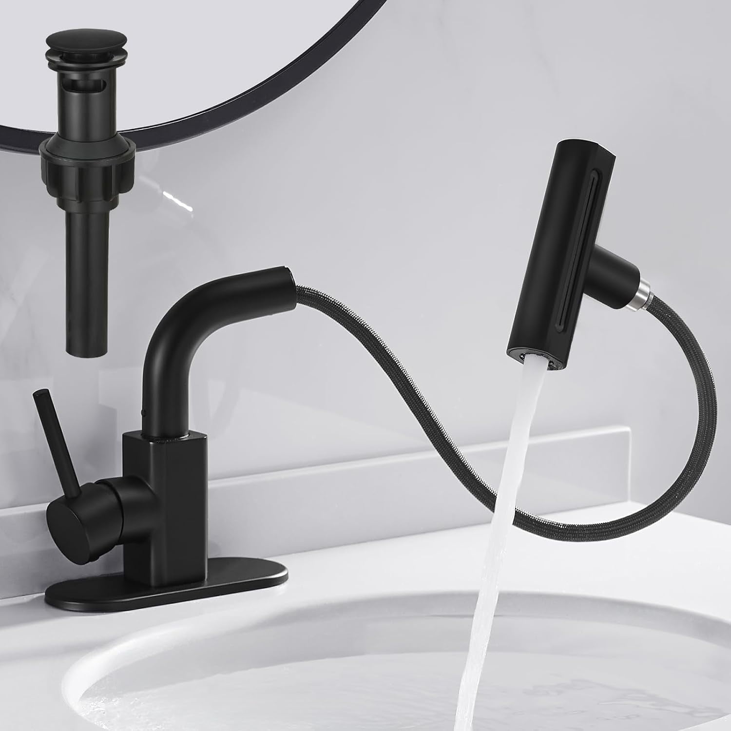 or Black Restroom Faucets featuring 4 Mode Pull Down Nozzle Single ...