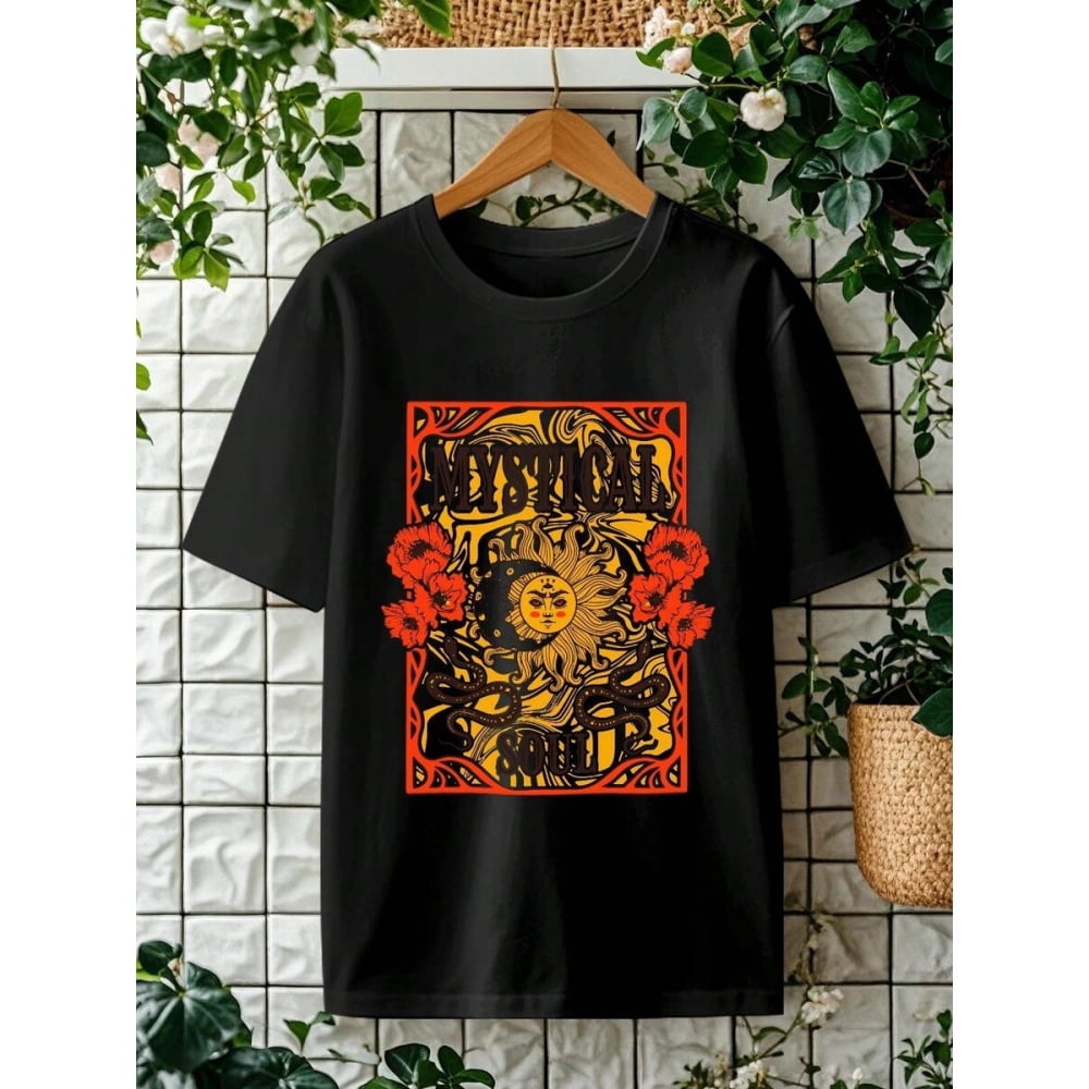 Black Retro 70s Occult Print Cotton Short Sleeve Unisex T-Shirt ...