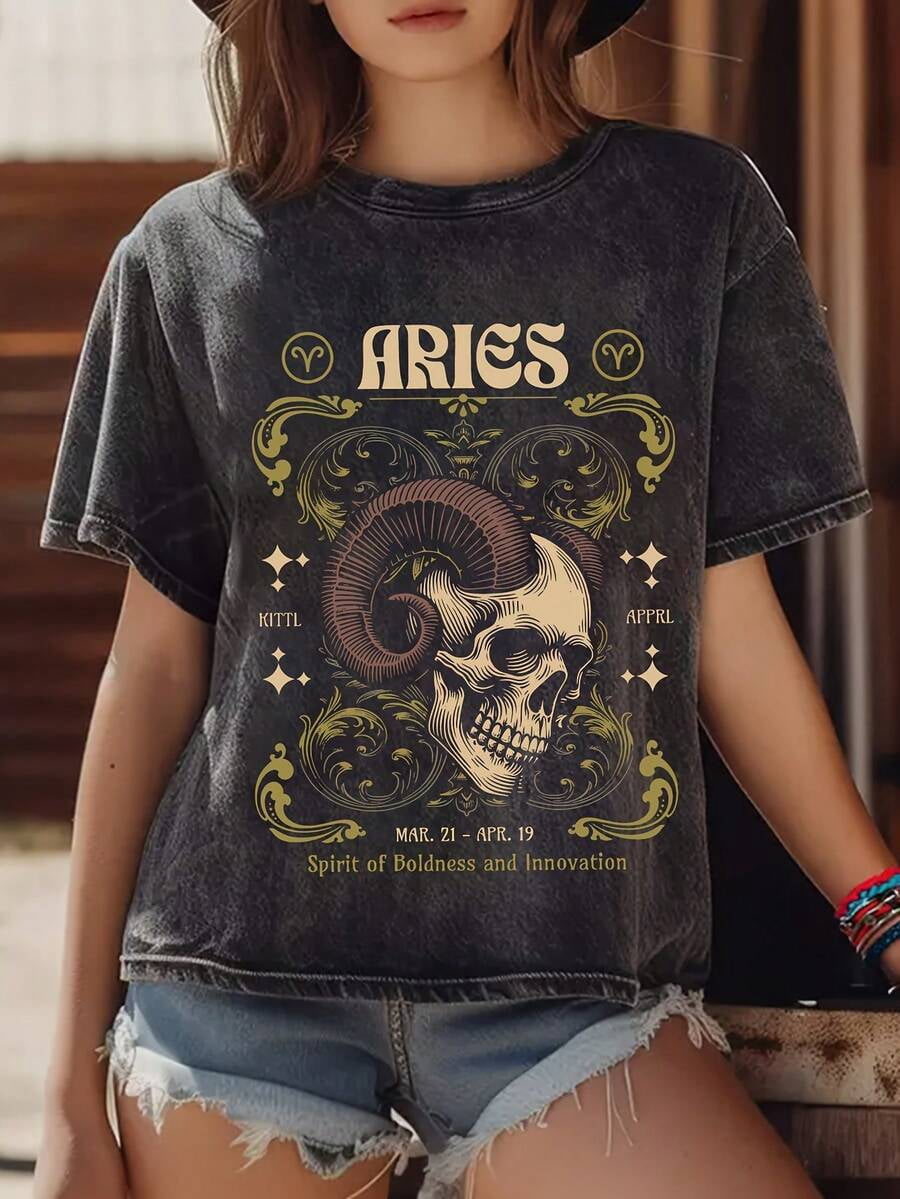 Black Retro Aries Skull Graphic T-Shirt Y2K Washed Cotton Streetwear ...