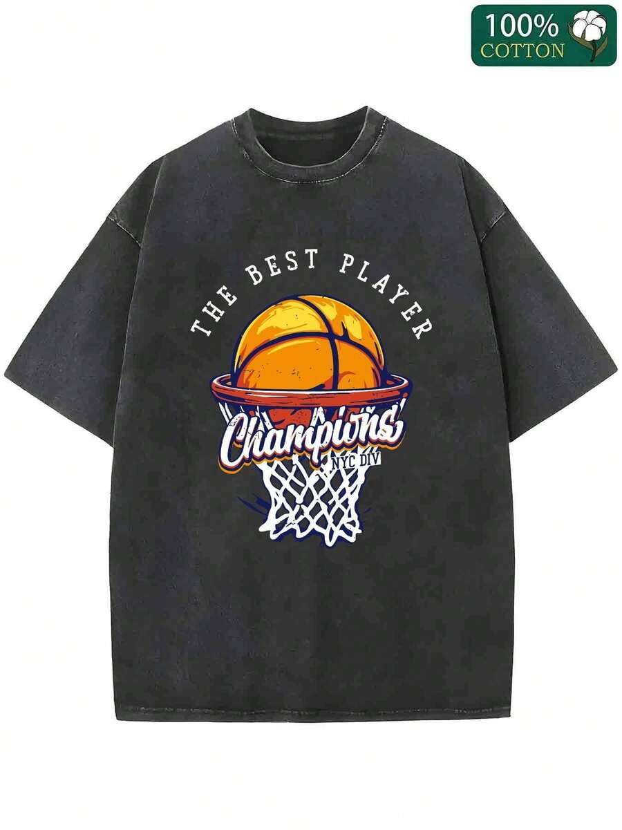 Black Retro Basketball Graphic Print 100% Cotton Vintage Wash Short ...