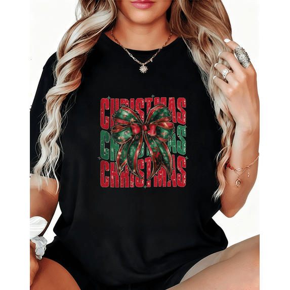 Black Retro Christmas Bow Star Distressed Graphic Print Tshirt S-5XL ...