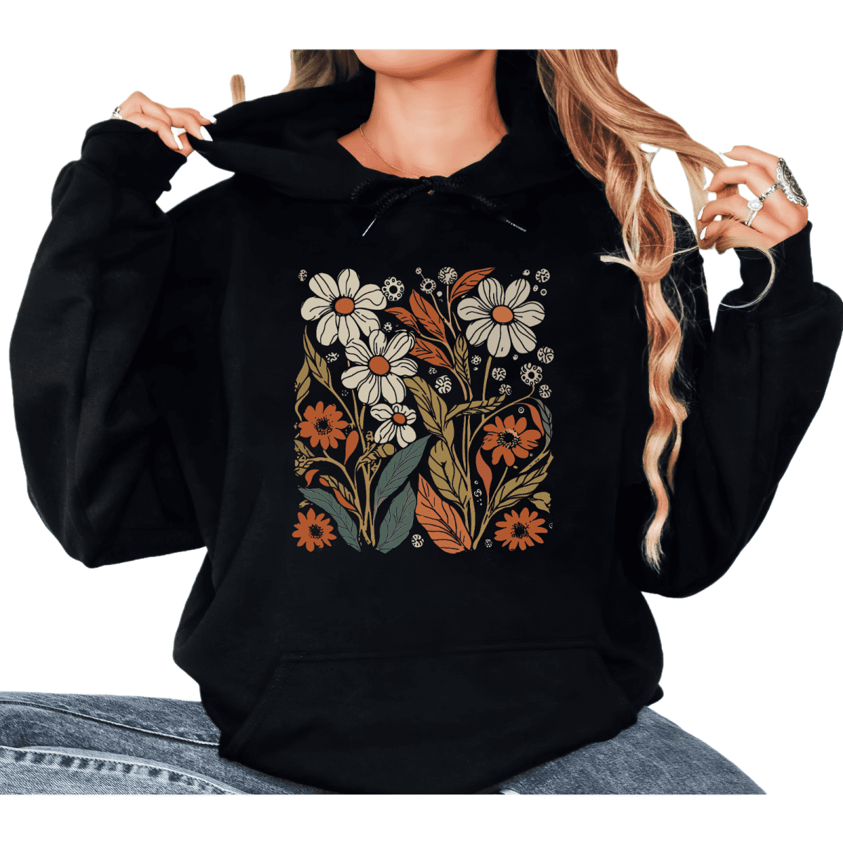 Black Retro Floral Pattern Hoodie Graphic Hoodies Boho Vintage ...