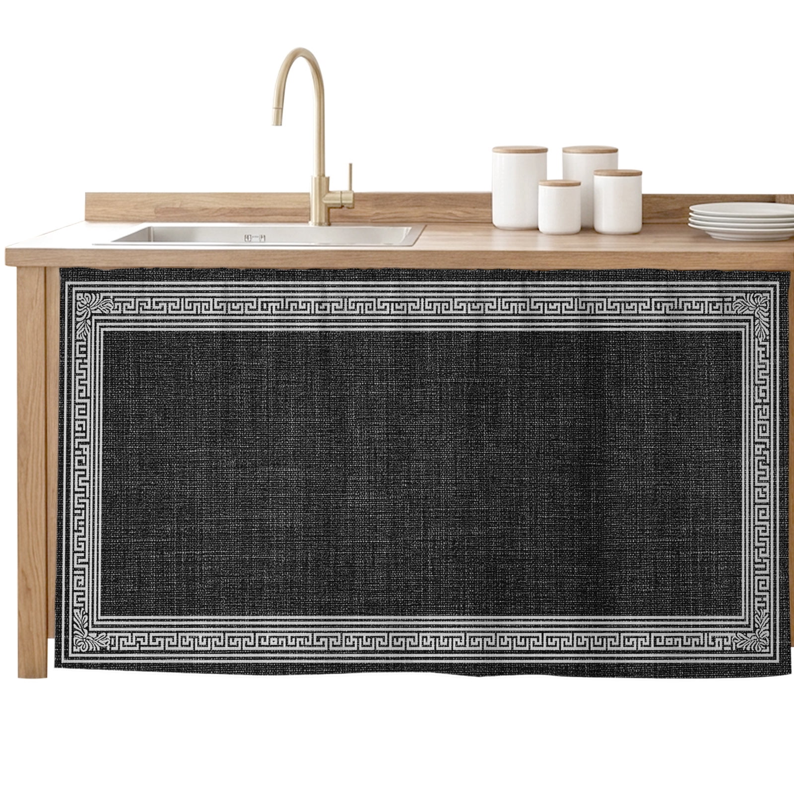 Black Retro Greek Key Cabinet Curtains 28"W x 51"L,Dustproof Sink Skirt ...