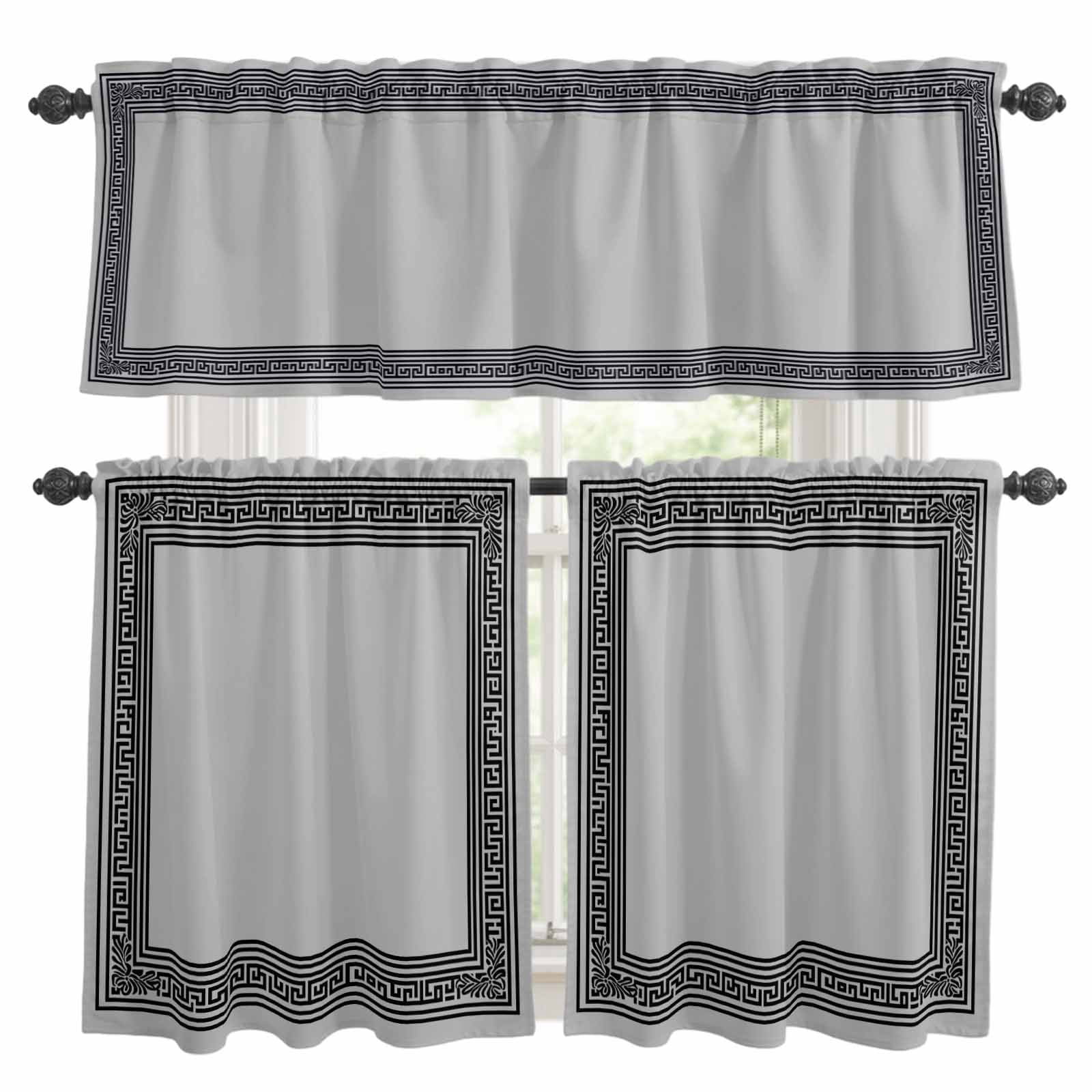 Black Retro Greek Key Kitchen Curtains Sets for Windows 36 Inch Length ...