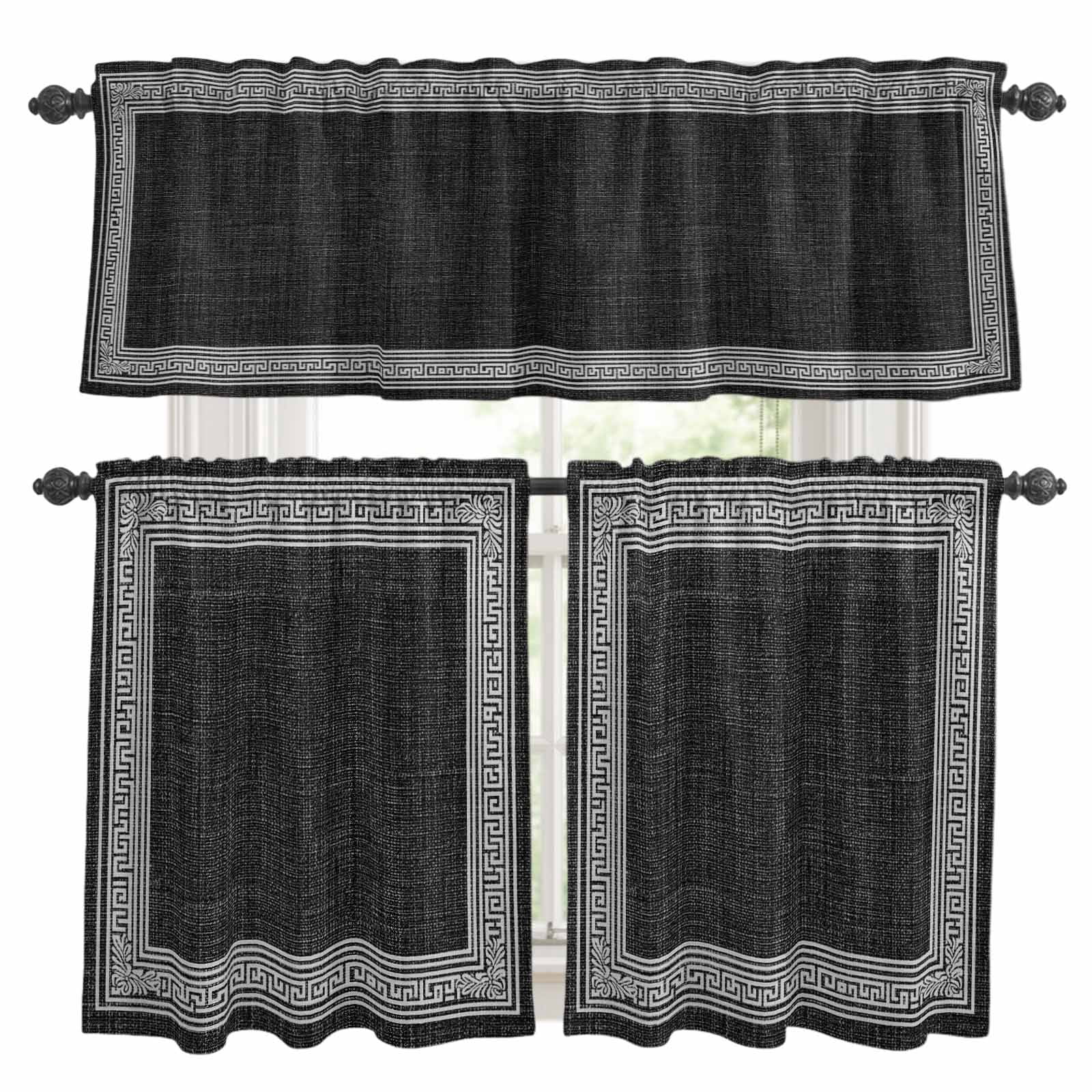 Black Retro Greek Key Kitchen Curtains Sets for Windows 36 Inch Length ...