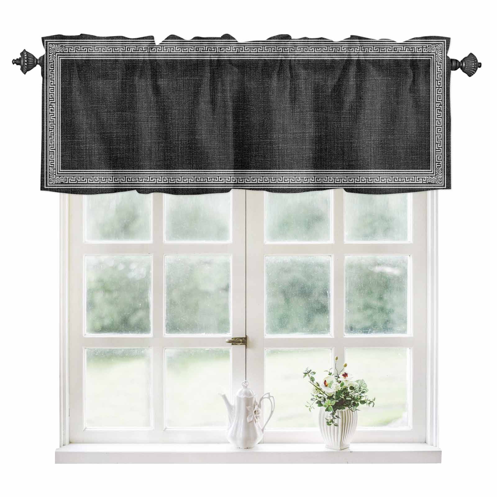 Black Retro Greek Key Kitchen Valances for Windows 42x18 Inch Kitchen ...