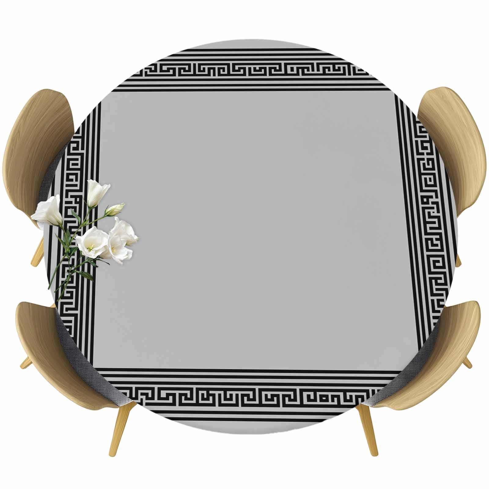 Black Retro Greek Key Round Tablecloth, Fitted Table Cover with Elastic ...