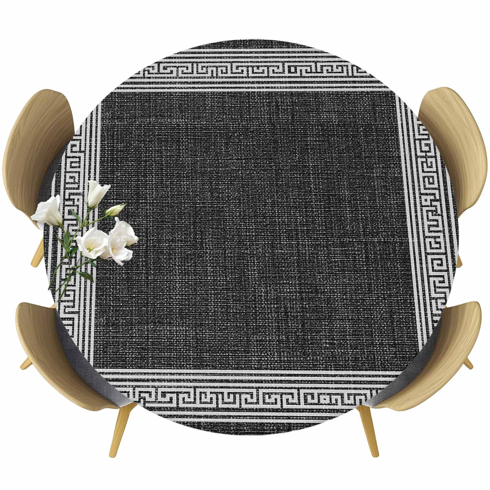 Black Retro Greek Key Round Tablecloth, Fitted Table Cover with Elastic ...