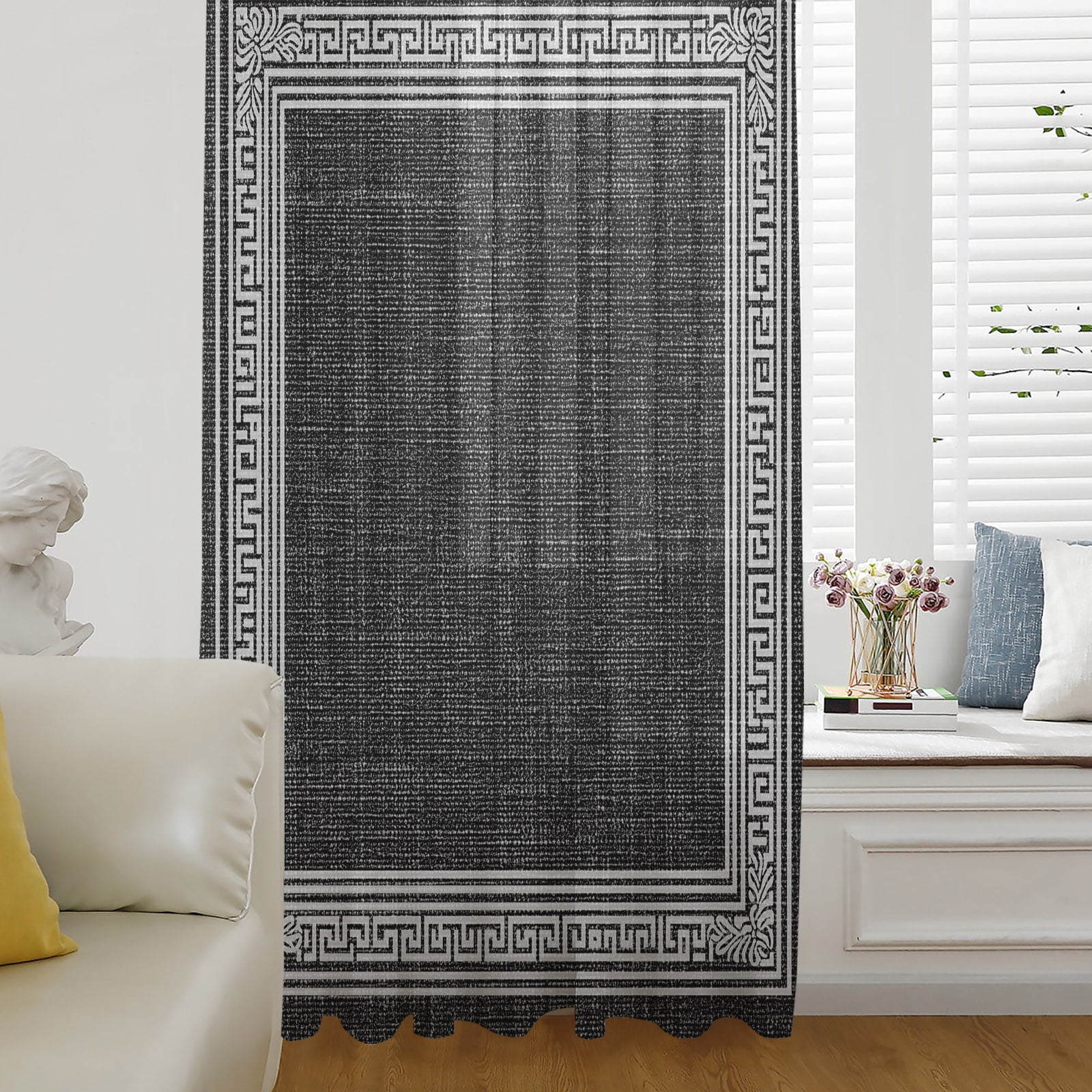 Black Retro Greek Key Sheer Curtains 72 Inch Length, Light Filtering ...