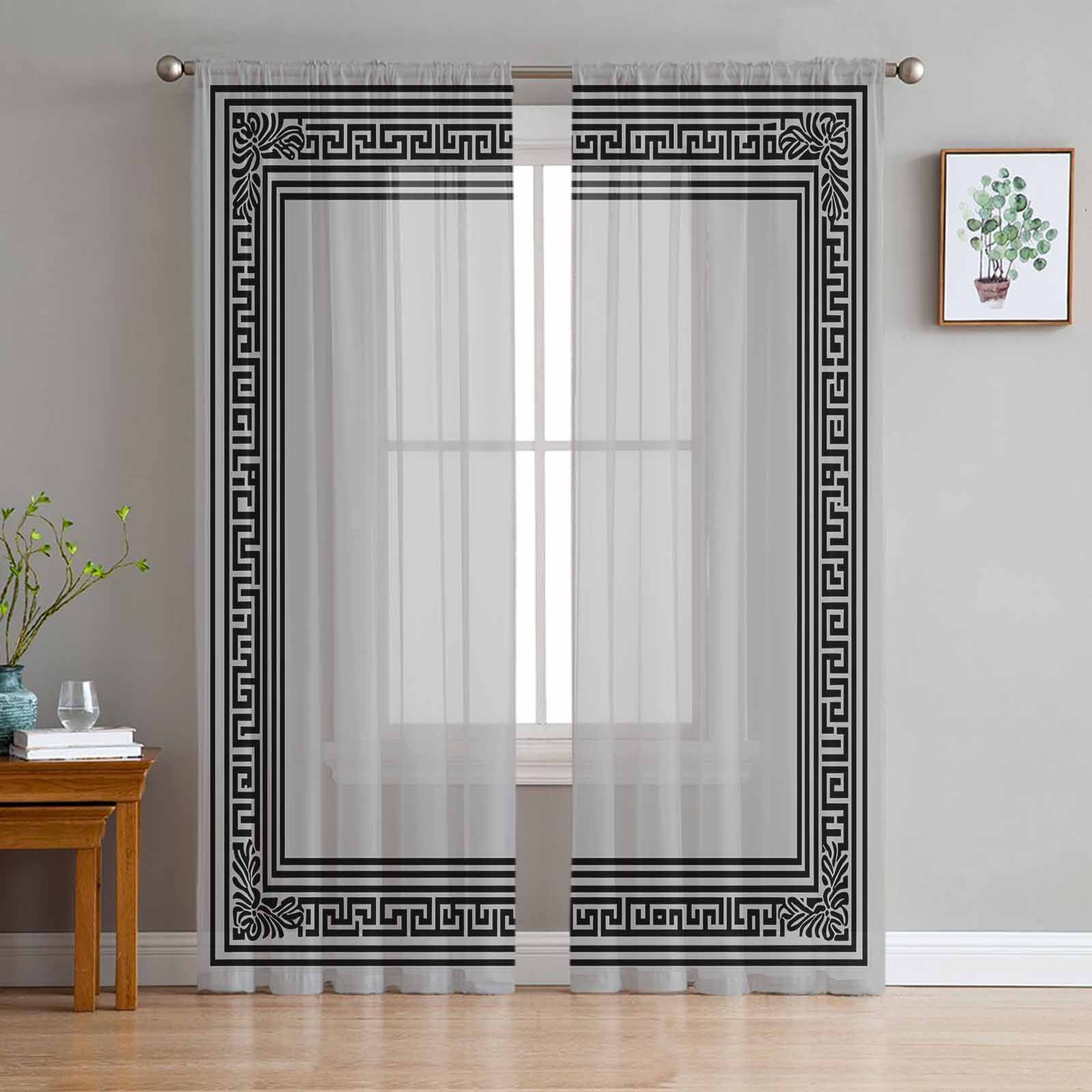 Black Retro Greek Key Sheer Curtains 96 Inches Long 2 Panels Set ...