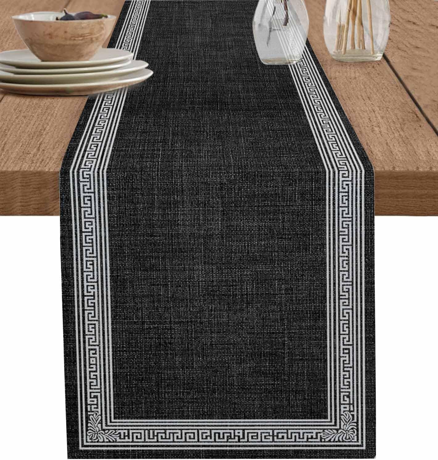 Black Retro Greek Key Short Table Runners 48 Inches, Cotton Linen ...