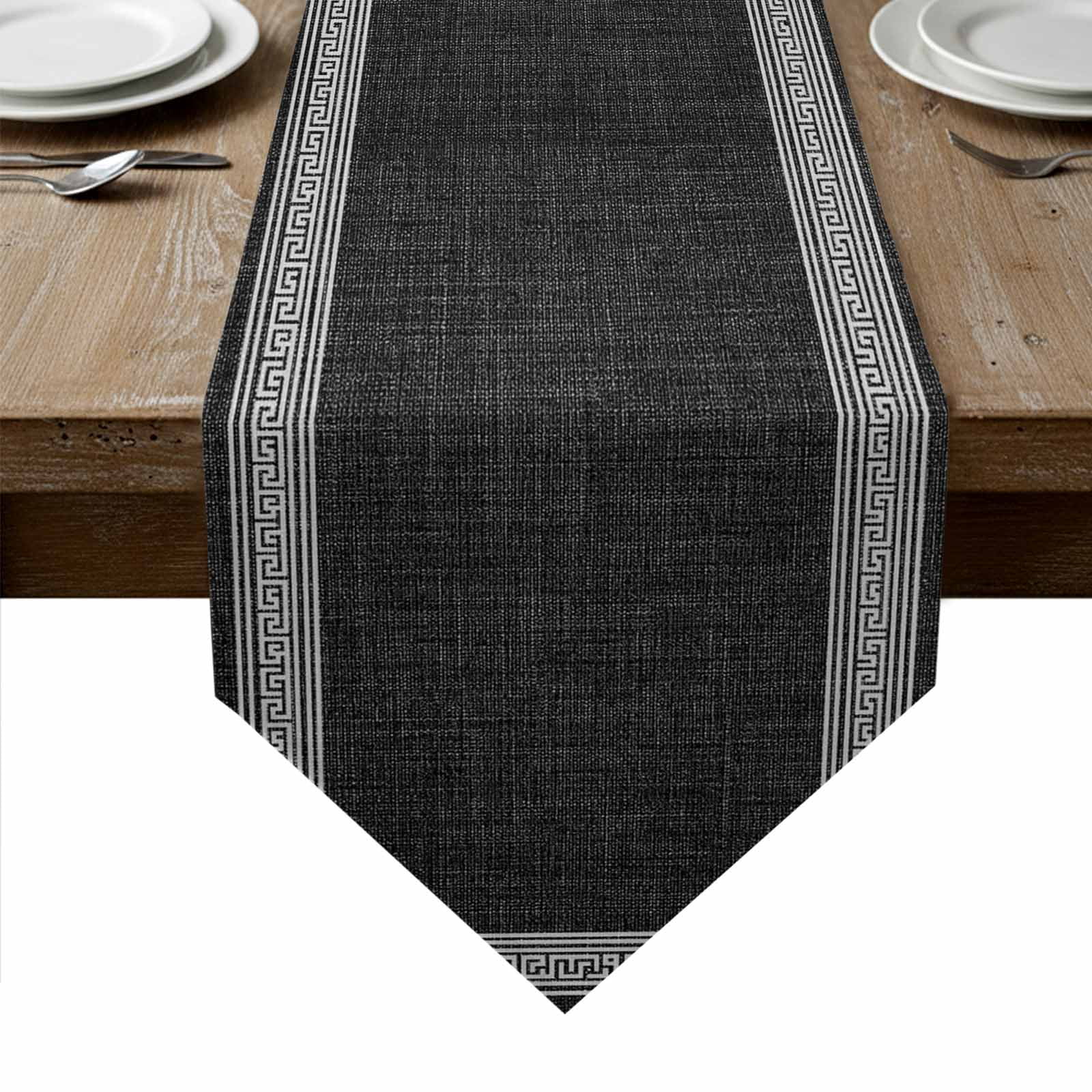 Black Retro Greek Key Table Runner Linen Burlap Table Runner 48 Inches ...