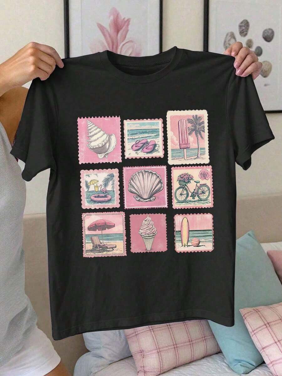 Black Retro Stamp Print Casual T-Shirt With Seashell, Ice Cream, Bike ...