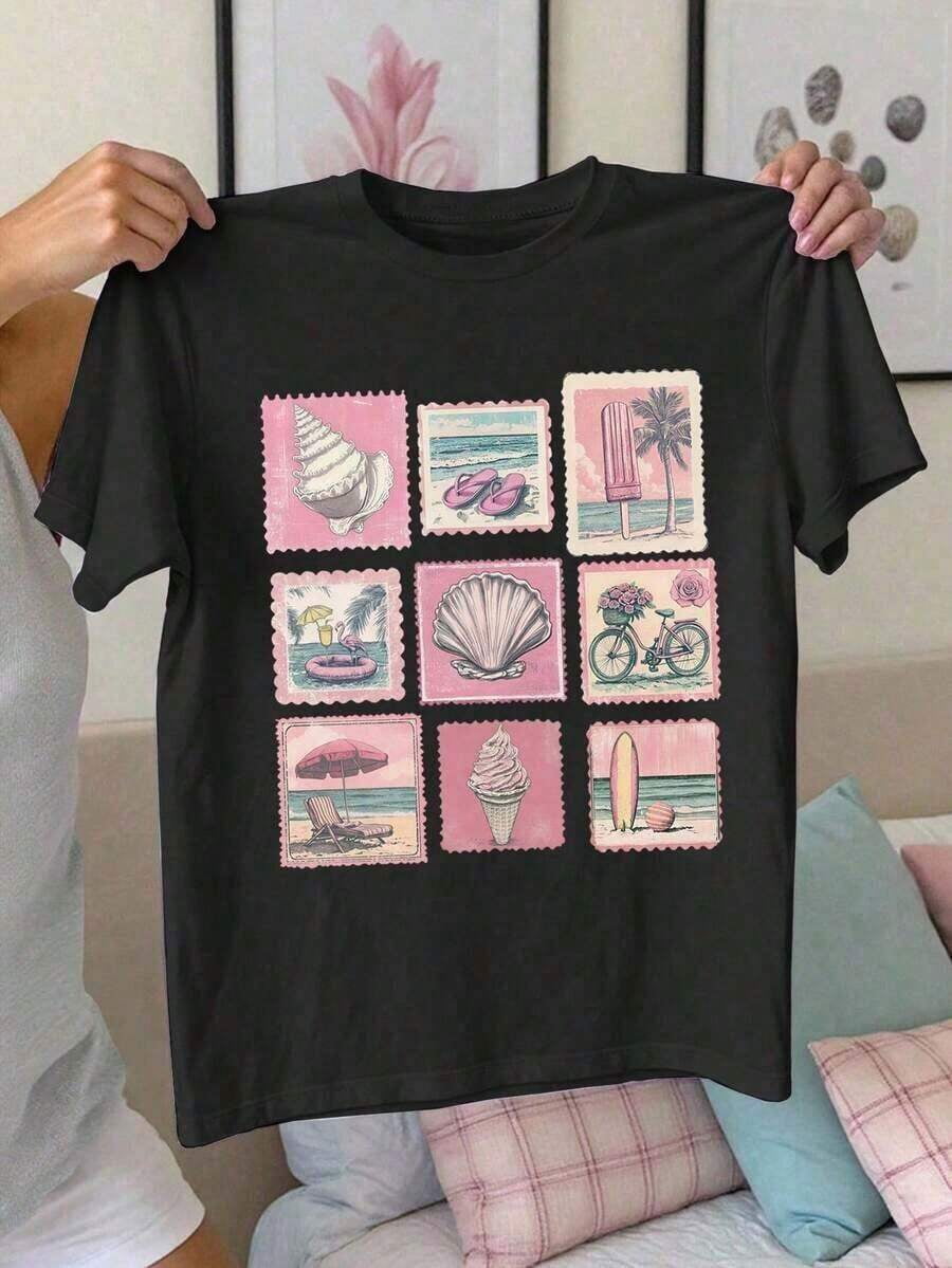 Black Retro Stamp Print Unisex Casual T-Shirt Featuring Seashells, Ice ...