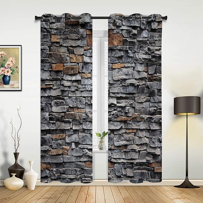 Black Retro Stone Wall Window Curtains, 3D Printed Noise Reducing ...