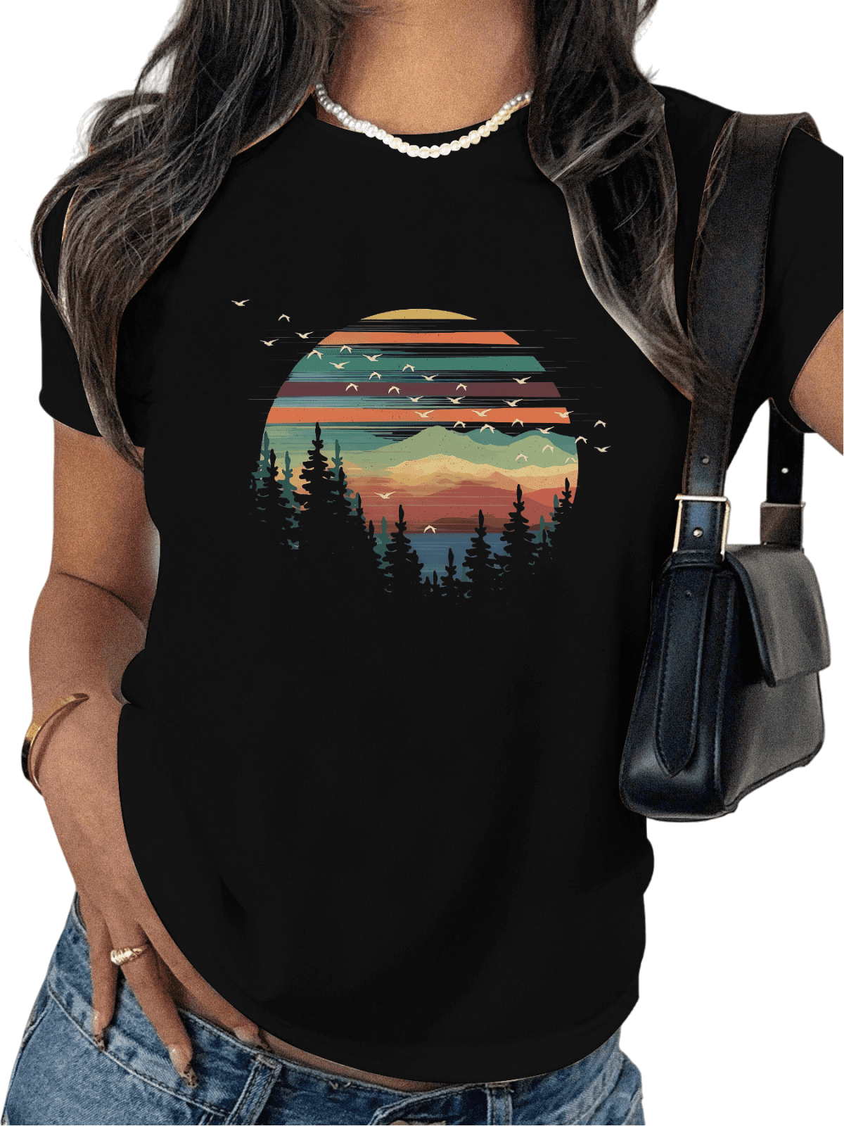 Black Retro Sunset Mountain Pine Tree Bird Print Tshirt Graphic Tees ...