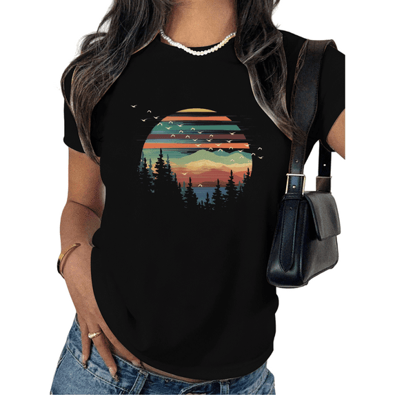 Black Retro Sunset Mountain Pine Tree Bird Print Tshirt Graphic Tees ...