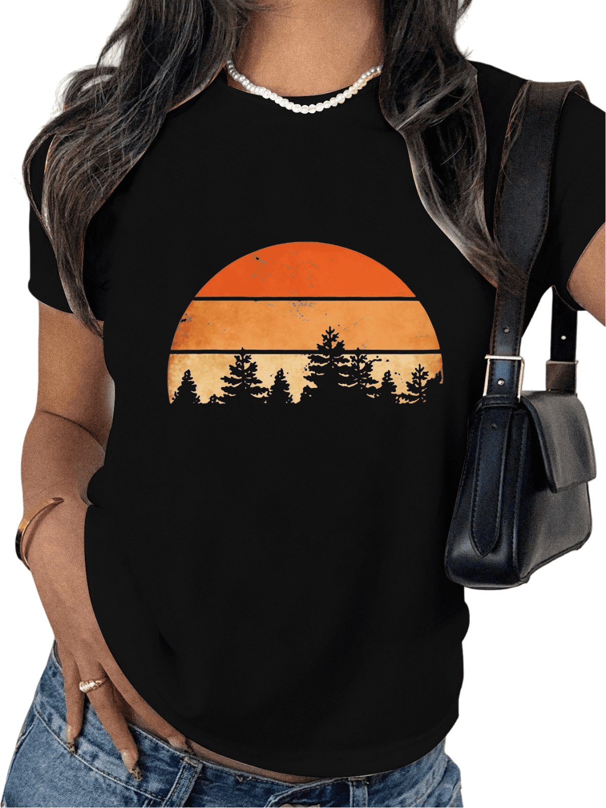 Black Retro Sunset Pine Tree Print Tshirt Graphic Tees Shirts Vintage ...