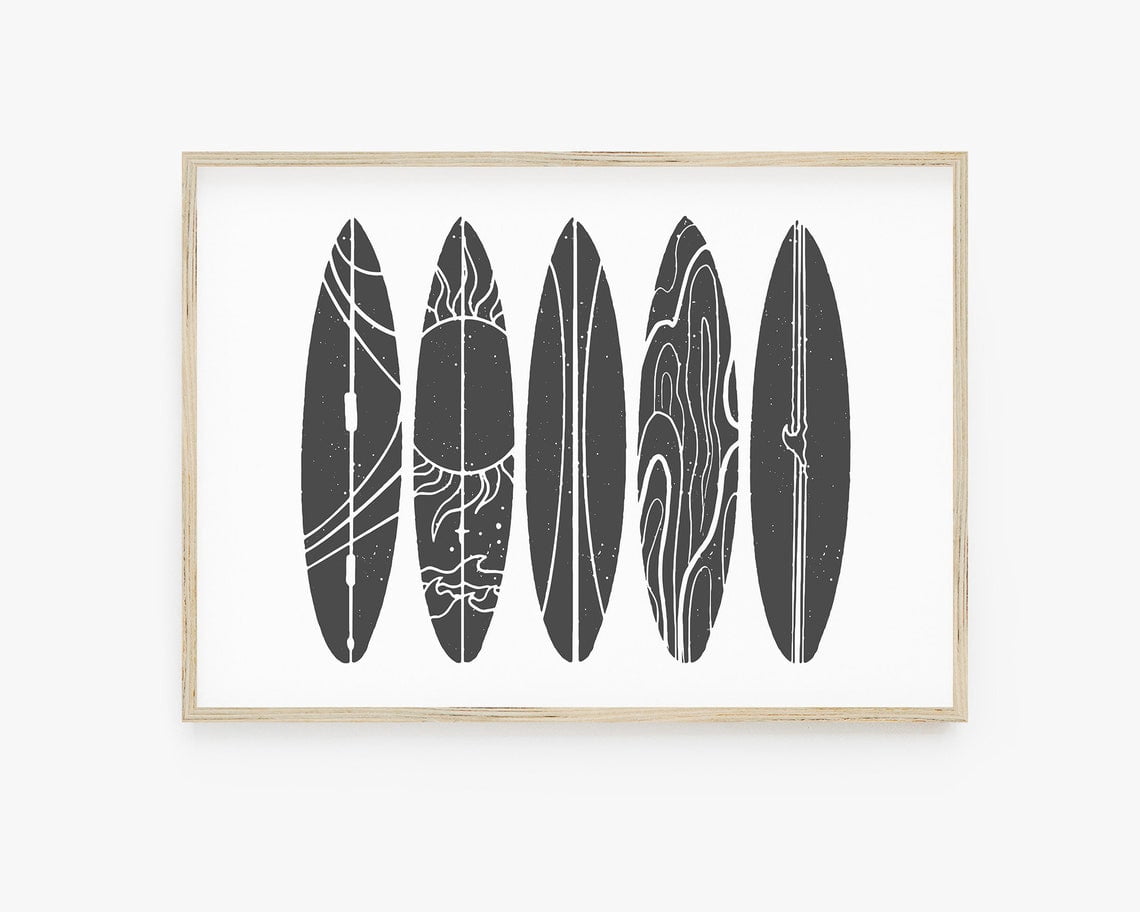 Black Retro Surfboard Art Horizontal Beach Nursery Room Decor Coastal ...
