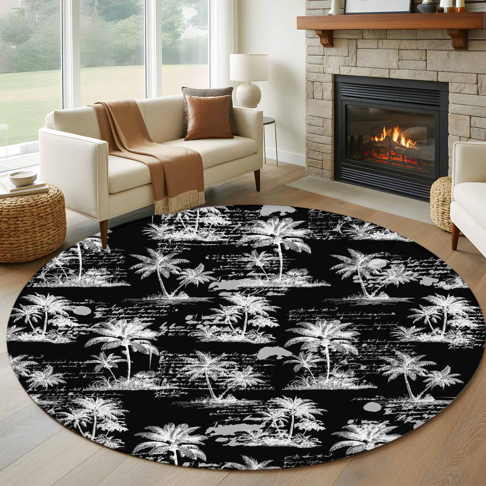 Black Retro Tropical 7FT Round Area Rugs for Living Room Palm Trees Old ...