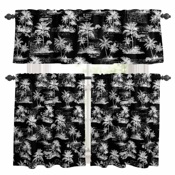 Black Retro Tropical Kitchen Curtains Set for Windows, Palm Trees Old ...