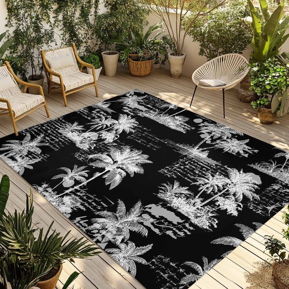 Black Retro Tropical Outdoor Rug 6x9 ft Palm Trees Old Newspapers ...