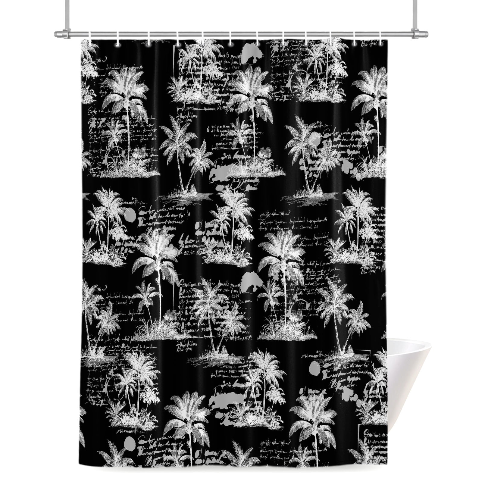 Black Retro Tropical Shower Curtain, Palm Trees Old Newspapers Summer ...